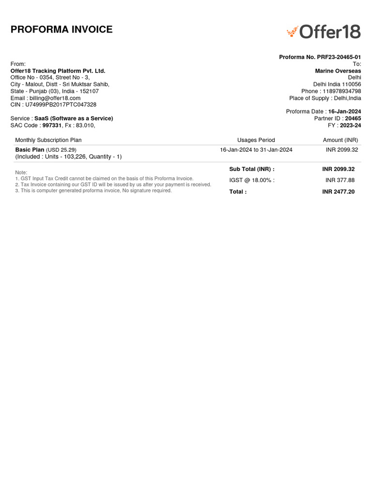 Proforma Invoice for SaaS Subscription | PDF | Taxation | Government ...