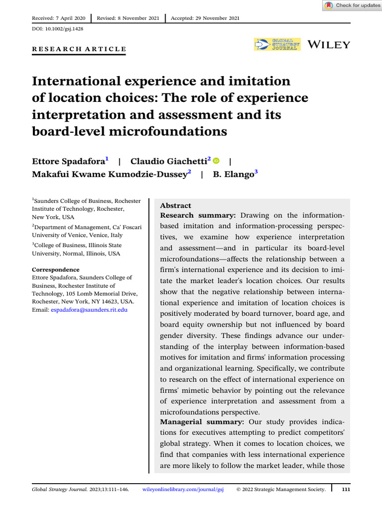 International Experience and Imitation of Location Choices: The Role of ...