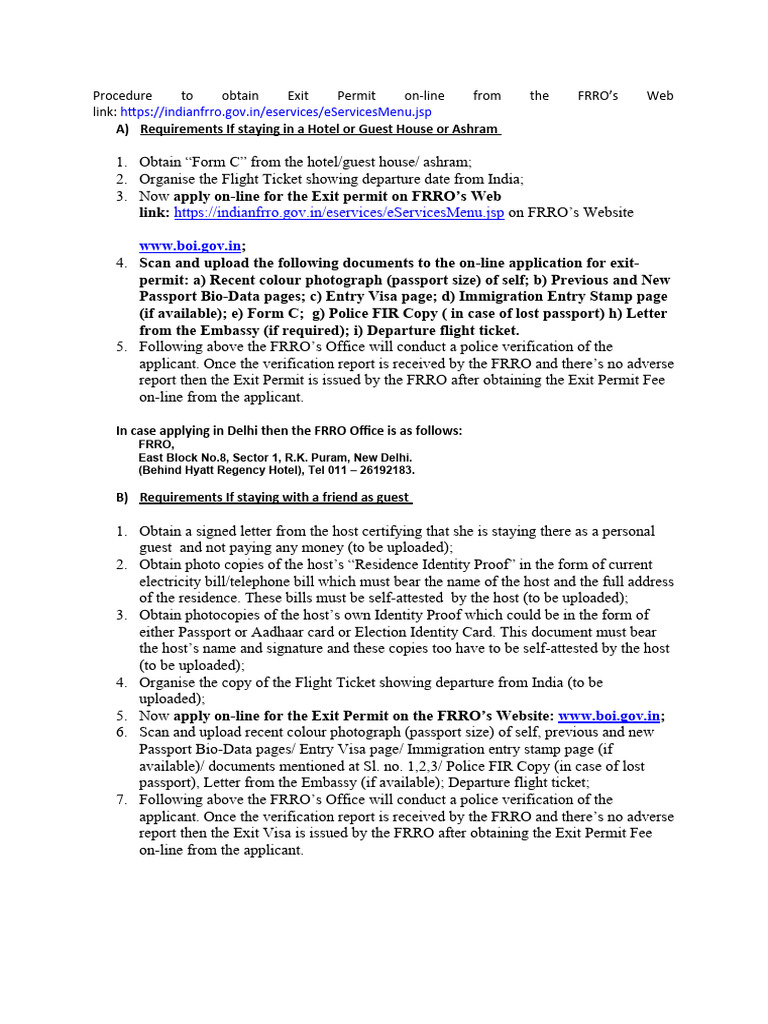 Frro Procedure For Exit Permit | PDF | Travel Visa | Passport