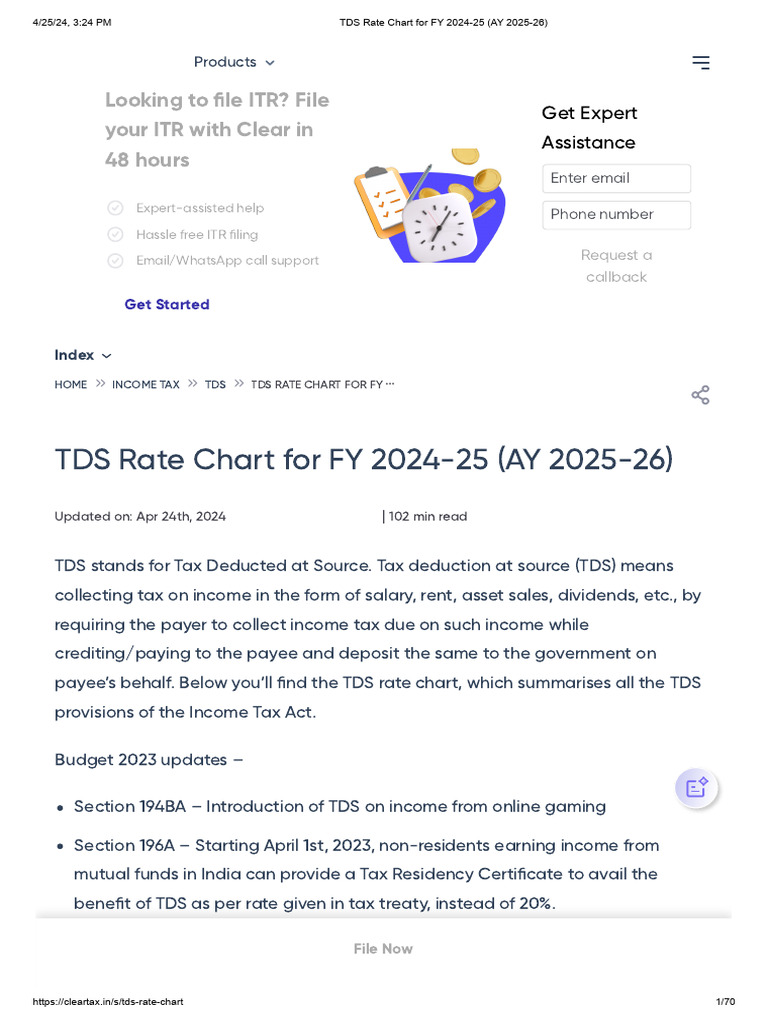 TDS Rate Chart FY 2024-25 | PDF | Capital Gains Tax | Taxes