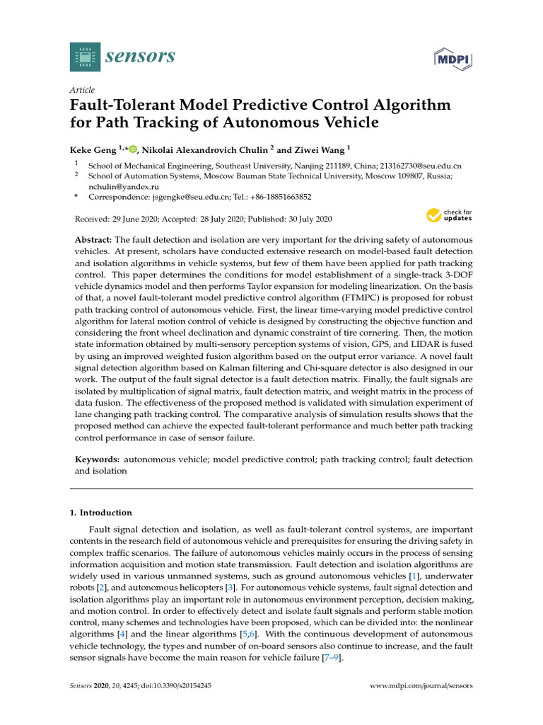 Fault Tolerant Model Predictive Control Algorithm Pdf Kalman