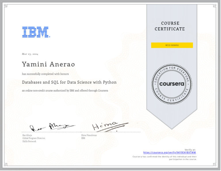 IBM SQL Course Completion Certificate | PDF