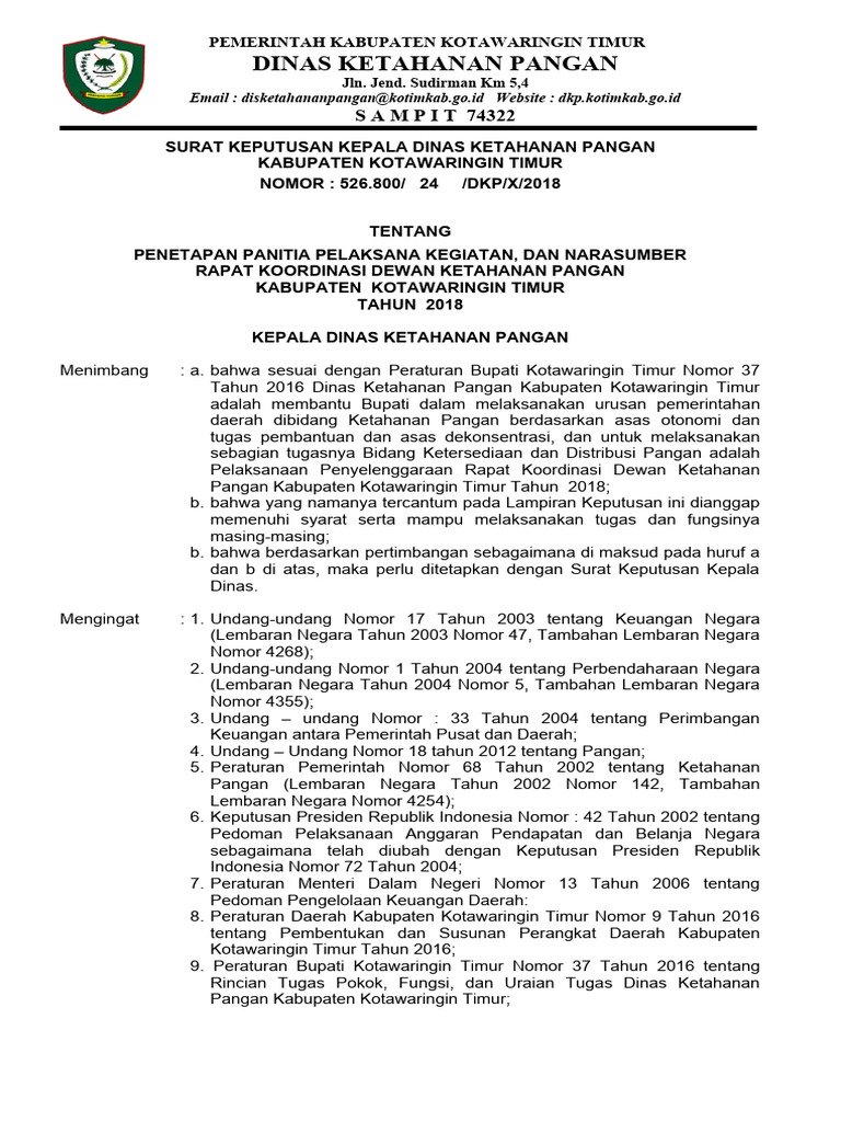 SK PENETAPAN PANITIA PELAKSANA KEGIATAN, NARA SUMBER DAN DKP | PDF