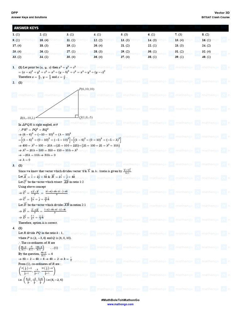Solution DPP Vector 3D BITSAT Crash Course MathonGo | PDF | Equations | Elementary Geometry