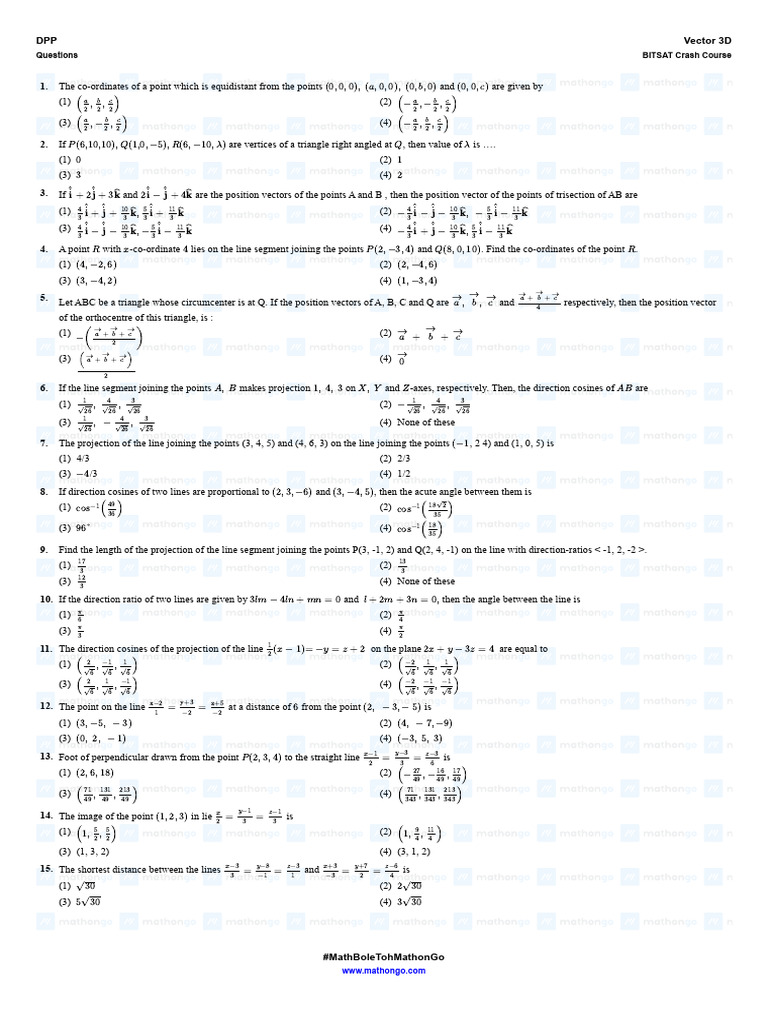 Question DPP Vector 3D BITSAT Crash Course MathonGo | PDF | Mathematics | Classical Geometry