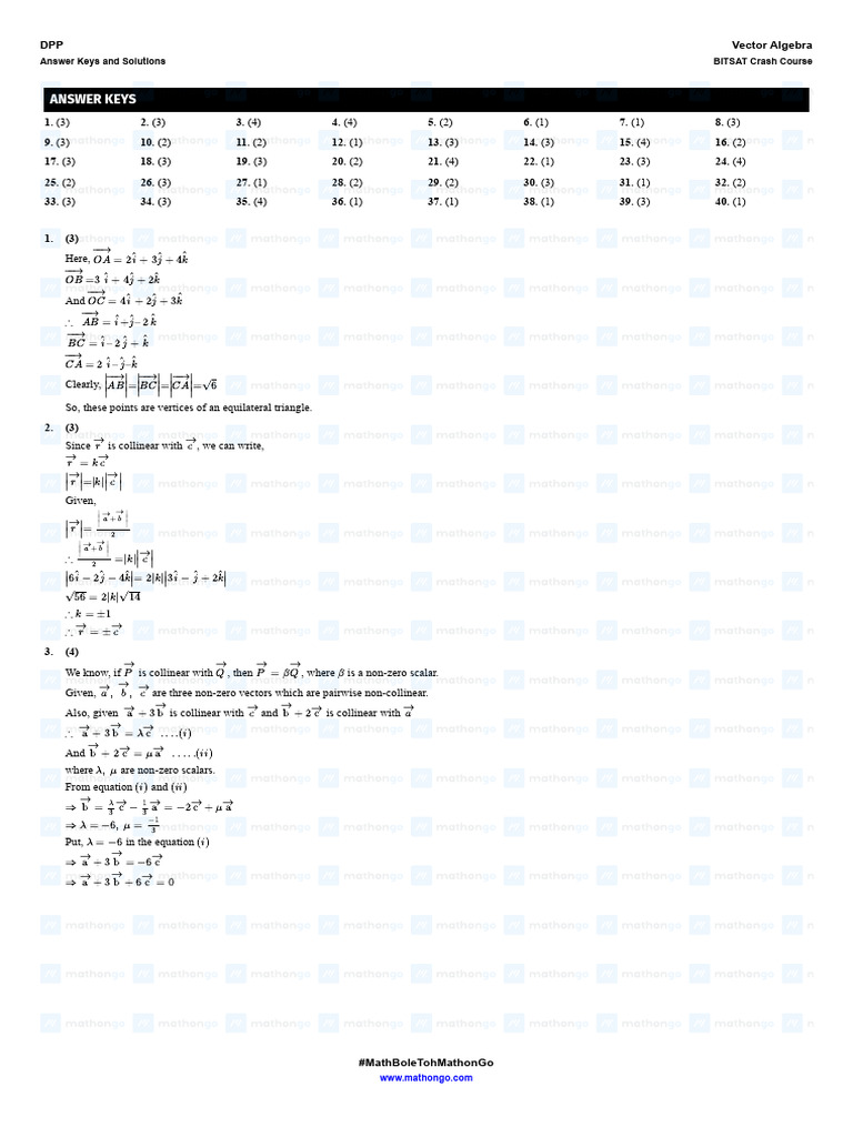 Solution DPP Vector Algebra BITSAT Crash Course MathonGo | PDF | Mathematics | Mathematical Objects