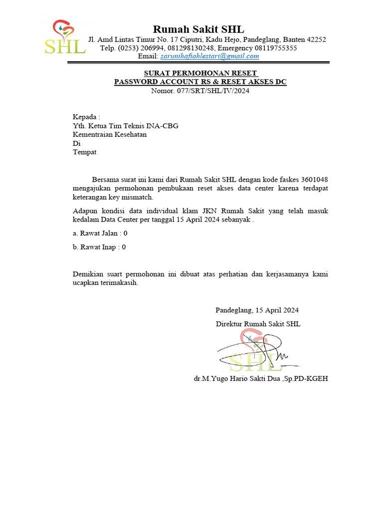 Surat Permohonan Reset Password Account RS & Reset Akses DC | PDF ...