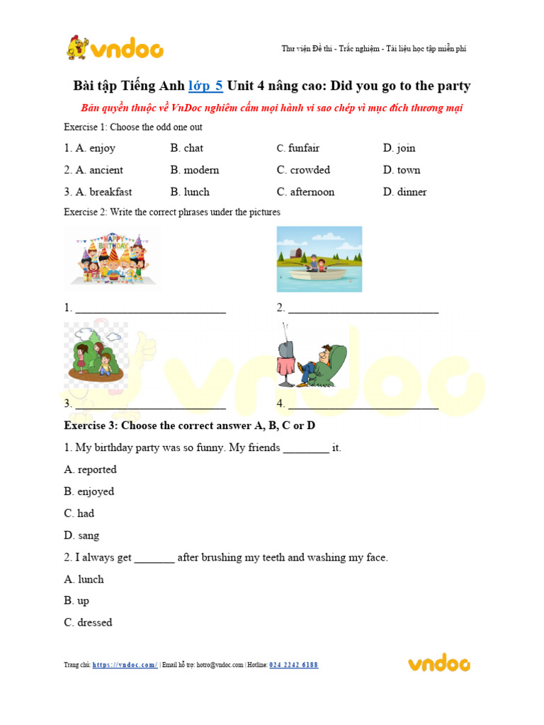 Bai Tap Tieng Anh Lop 5 Unit 4 Nang Cao Did You Go To The Party | PDF | Cuisine | Meal