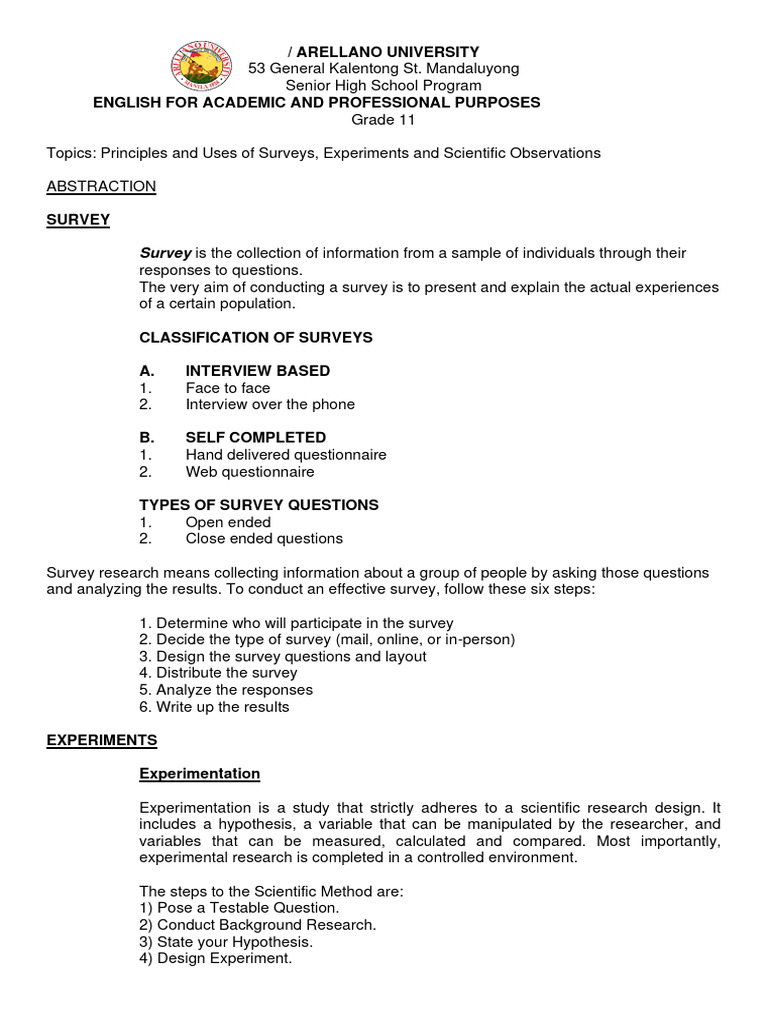EAPP Principles and Uses of Surveys Experiments and Scientific Observations | PDF | Survey ...