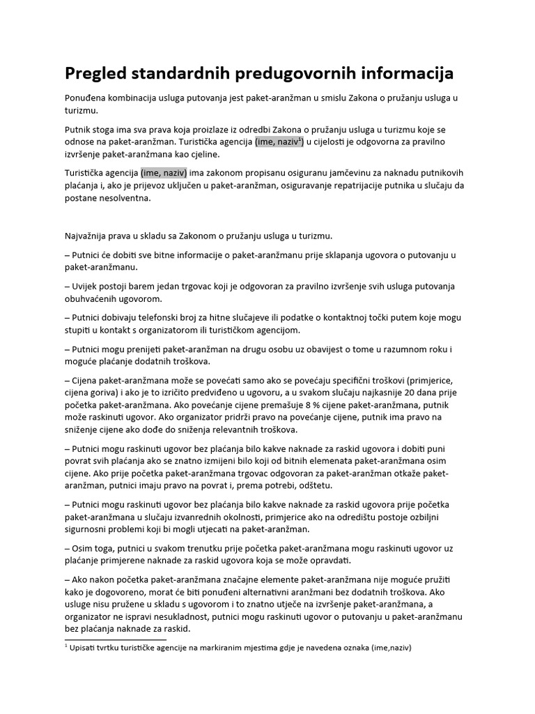 Popis Standardnih Predugovornih Informacija Za Paket Aranžmane Bez Poveznice 2023 | PDF