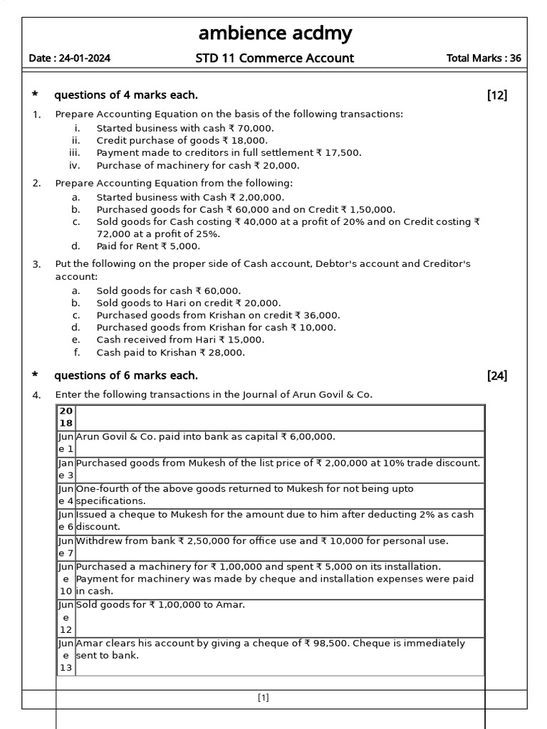 Ambience Acdmy: STD 11 Commerce Account | PDF | Cheque | Payments