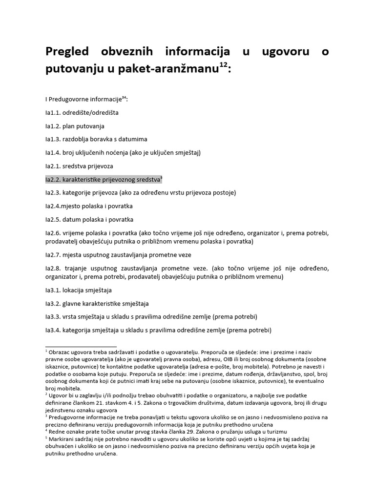 Popis Obveznih Informacija U Ugovoru Za Paket Aranžmane 2023 | PDF