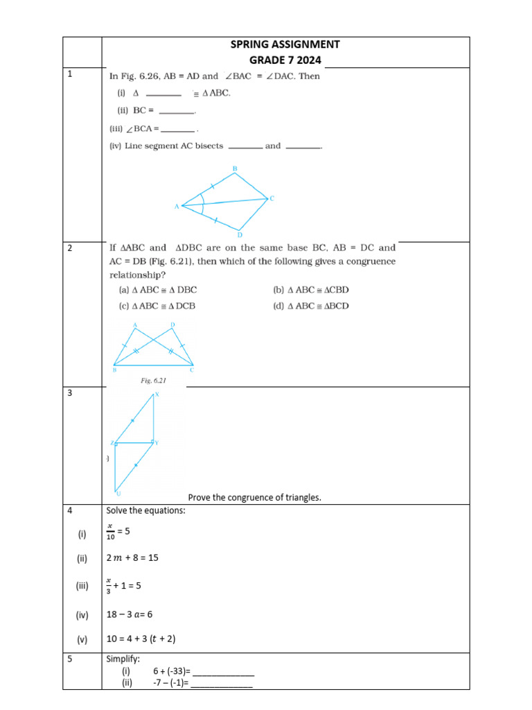 Grade 7 Math Assignment 2024 | PDF