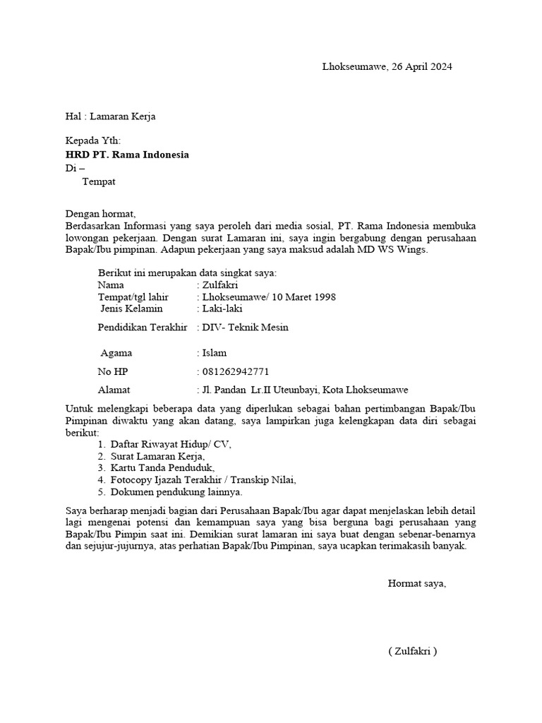 Surat Lamaran Admin MD WS WINGS-1 | PDF | Ilmu Sosial