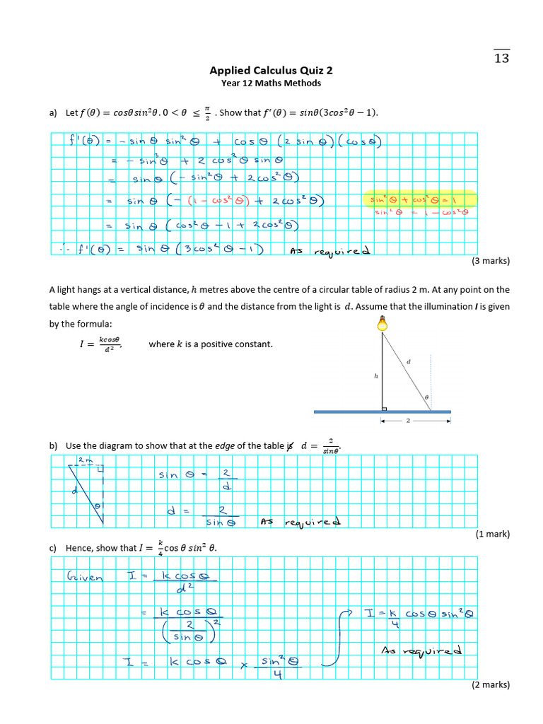 Applied Calculus Quiz 2 Solutions Pdf Mathematics Mathematical Analysis