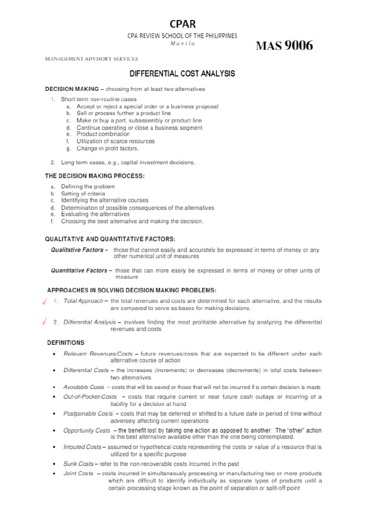 Differential Cost Analysis Notes and Practice Problems | Download Free ...