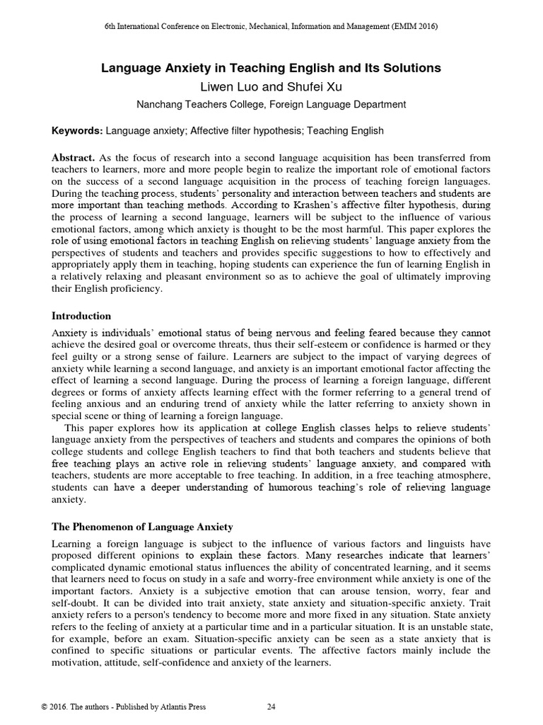 Language Anxiety in Teaching English and Its Solutions: Liwen Luo and Shufei Xu | PDF | Second ...