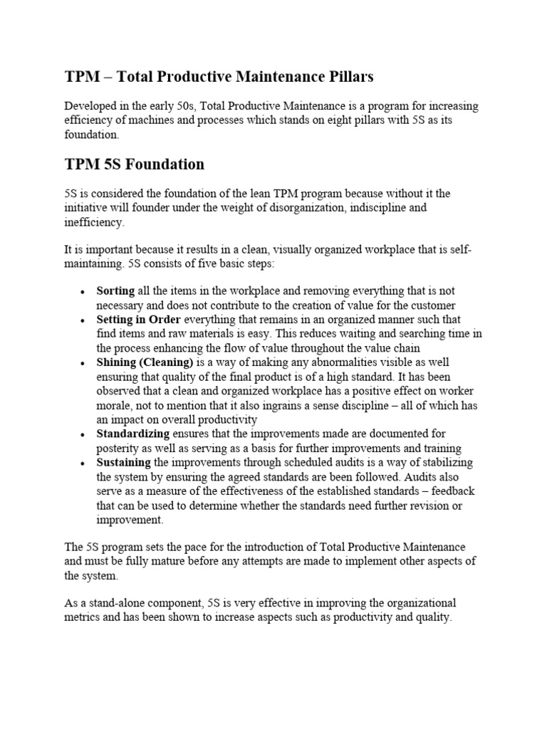 TPM - Total Productive Maintenance Pillars | PDF | Business