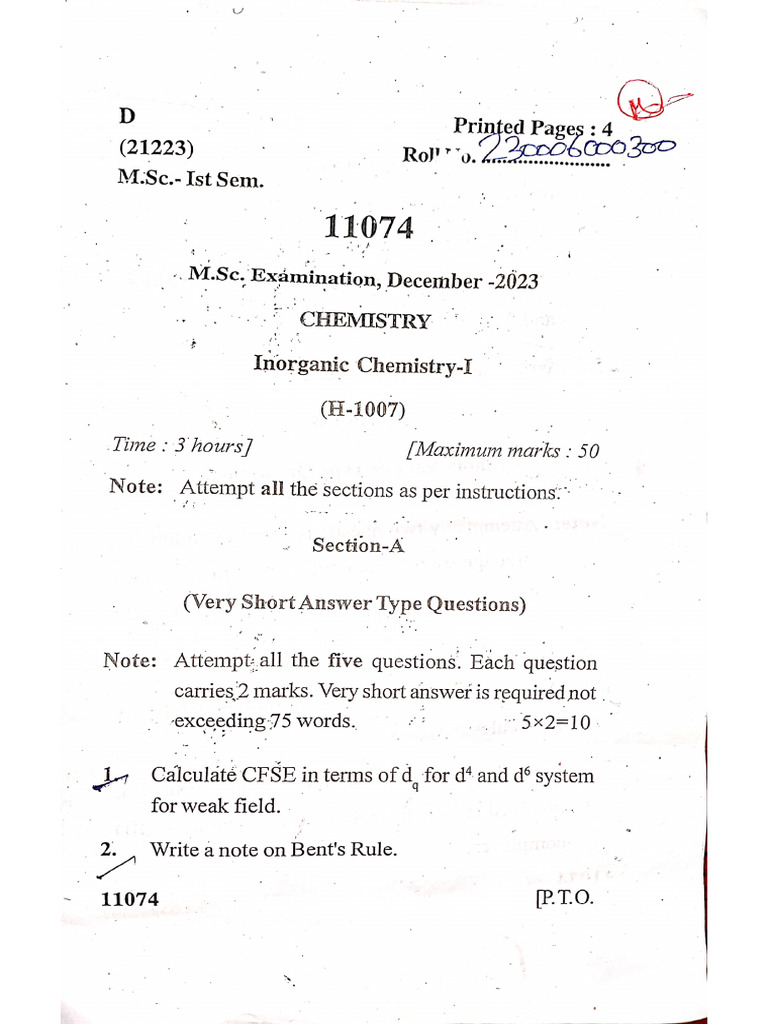 MSC 1st Sem Inorganic Chemistry | PDF