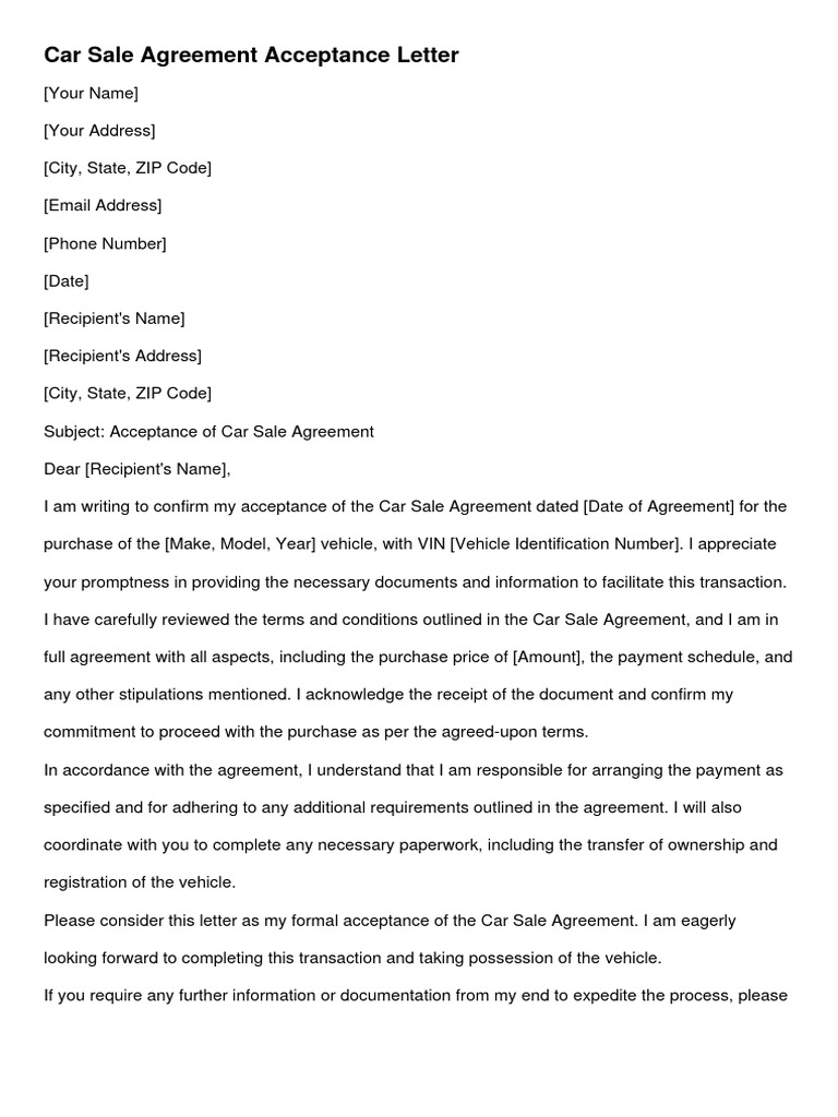 Car Sale Agreement Acceptance Letter | PDF