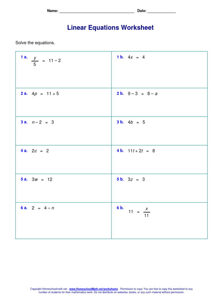 Linear Equations Worksheet | PDF | Equations | Mathematical Objects