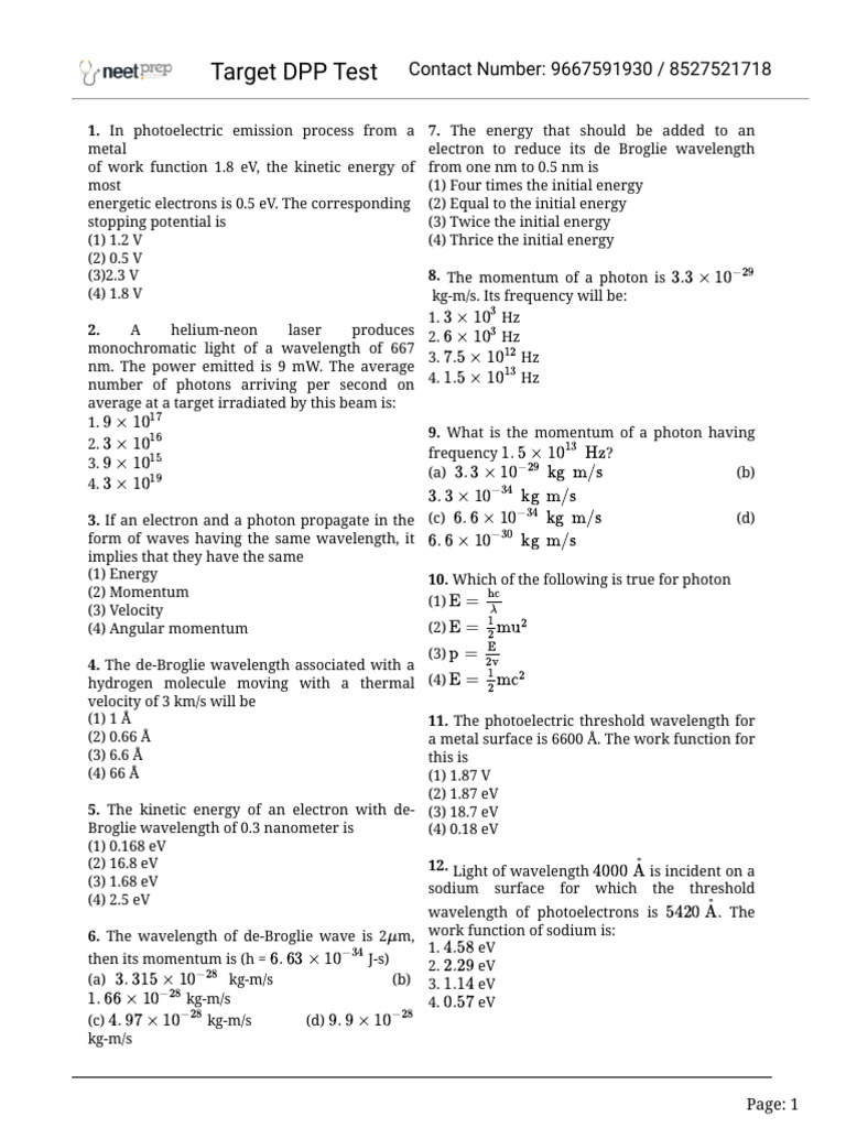 DUAL NATURE OF RADIATION & MATTER DPP | PDF | Photoelectric Effect | Electronvolt