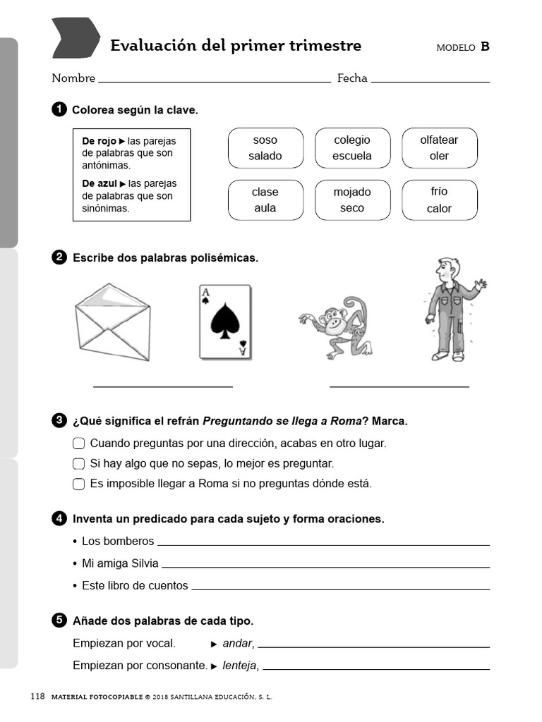 Evaluación Lengua 3º Primaria 1º Trimestre Santillana | PDF
