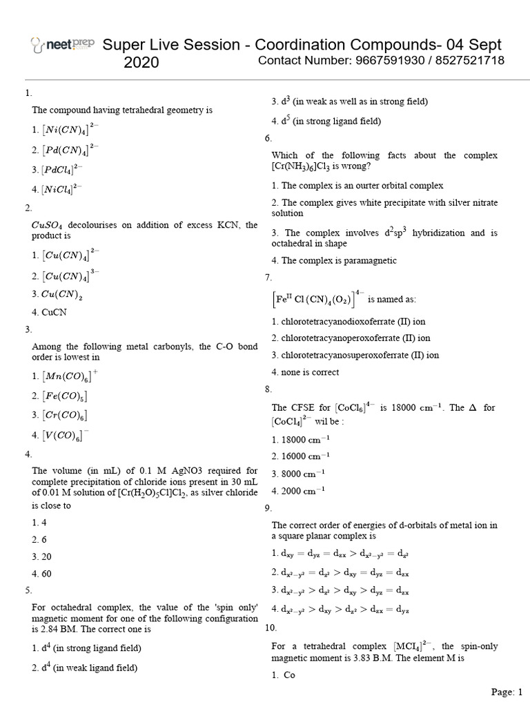 SUPER REVISION - Coordination Compounds | PDF | Coordination Complex | Materials