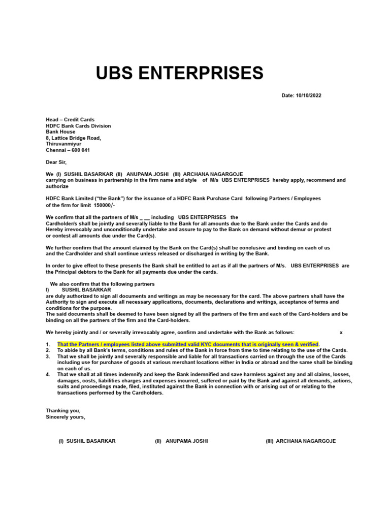 UBS Enterprises Partnership Card Application | PDF | Indemnity | Business