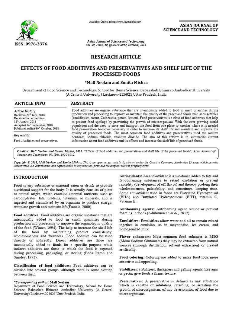 Research Article Effects of Food Additives and Preservatives and Shelf ...