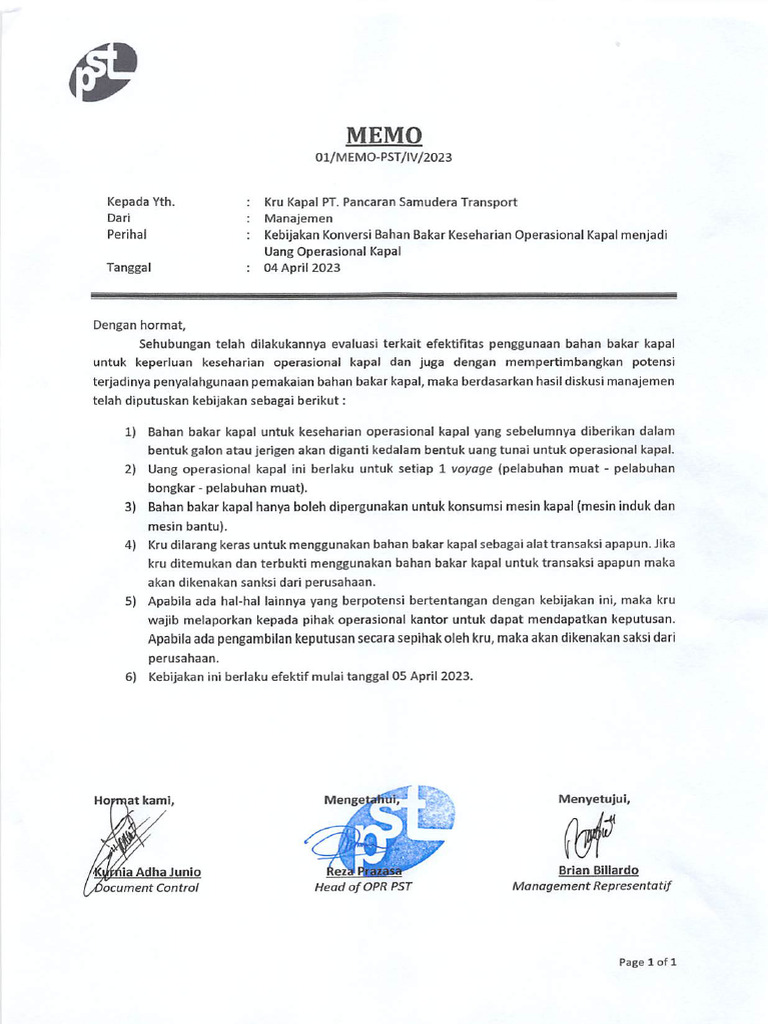 Memo Konversi Bahan Bakar Keseharian Operasional Kapal Menjadi Uang ...