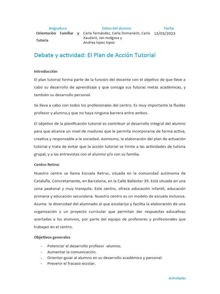 Trabajo Plan de Acción Tutorial | PDF | Maestros | Escuelas