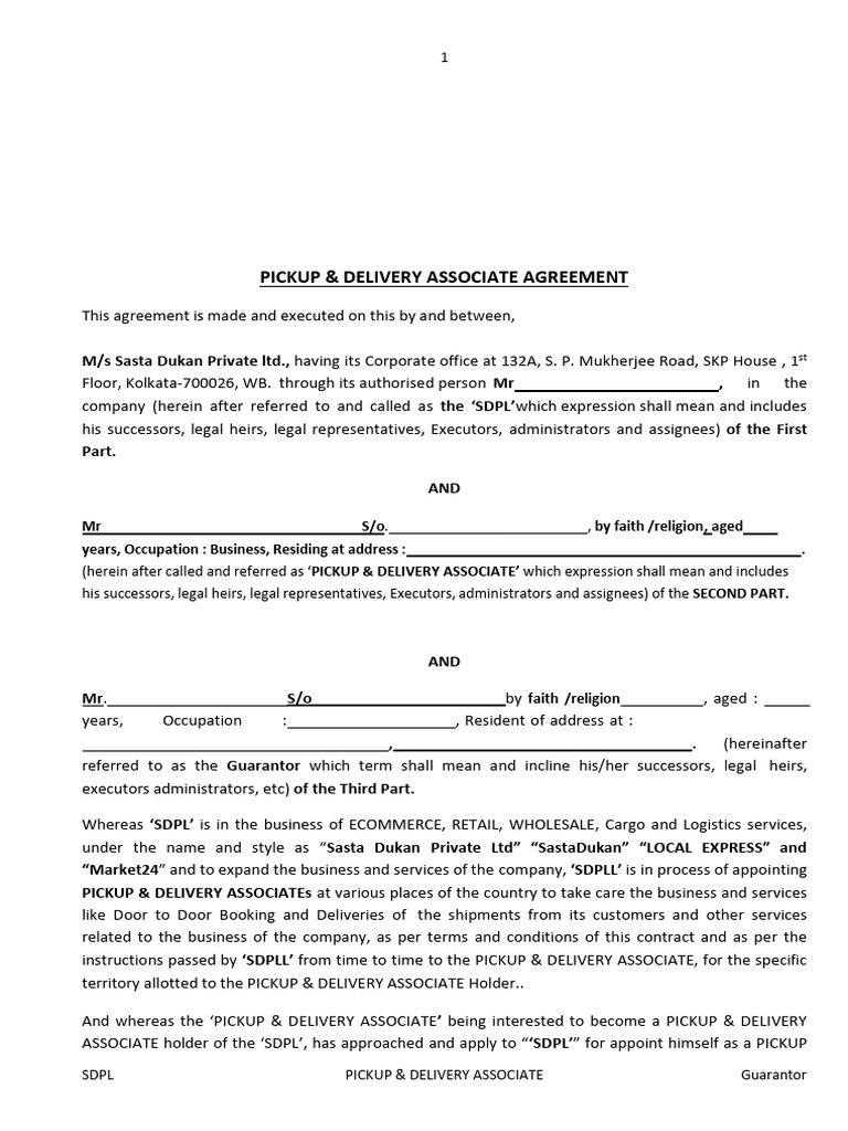 Pickup & Delivery Associate Agreement | PDF | Bill Of Lading | Payments