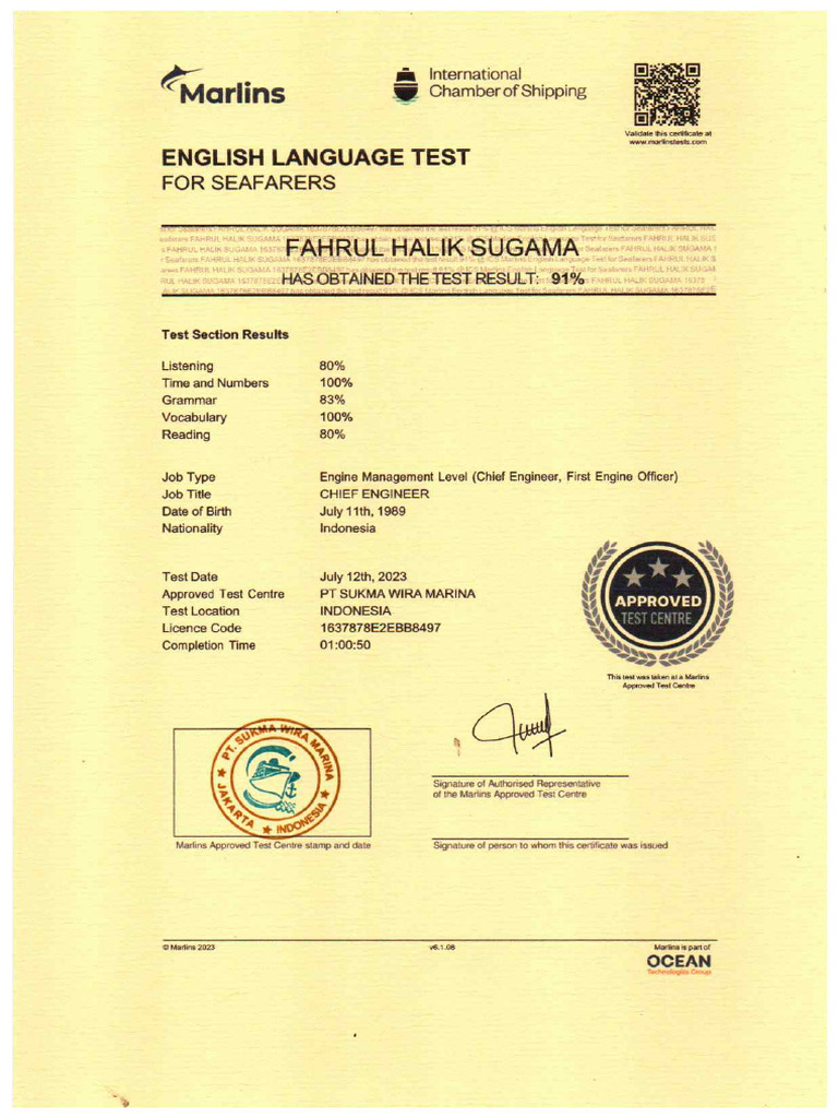 MARLIN TEST CERTIFICATE | PDF