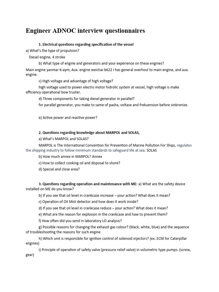 Engineer ADNOC Interview Questionnaires | PDF