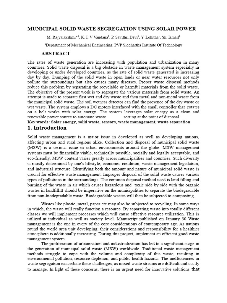 Muncipal Solid Waste Segregation Using Solar Power | PDF | Transformer ...