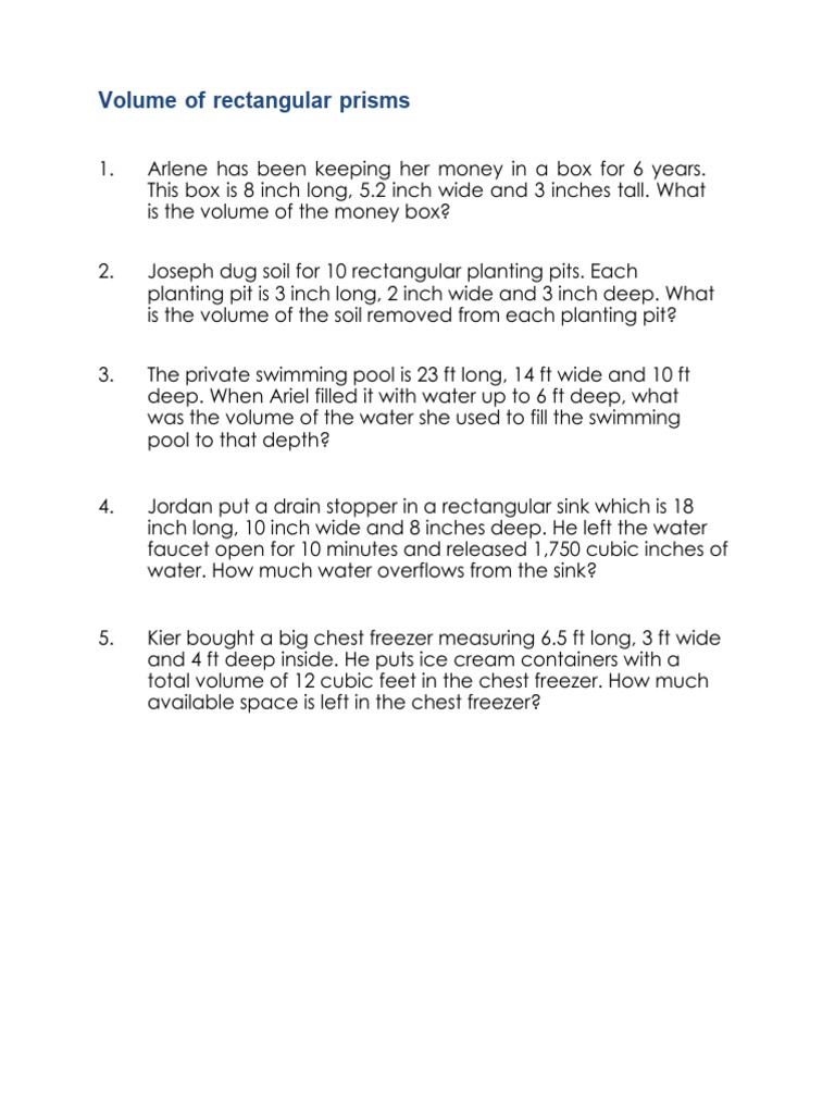 Grade 5 Volume Word Problems e | PDF