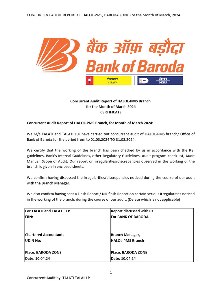 Halol-PMS Concurrent Audit Report March 2024 | PDF | Cheque | Credit Card