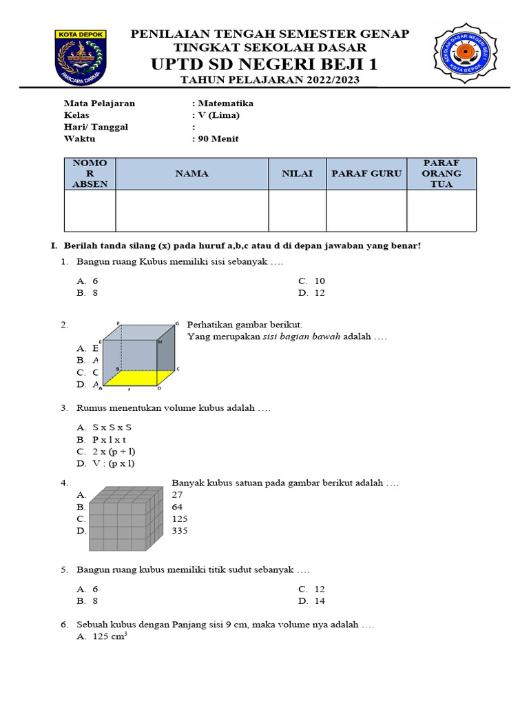 Soal PTS Genap MTK Kelas 5 | PDF