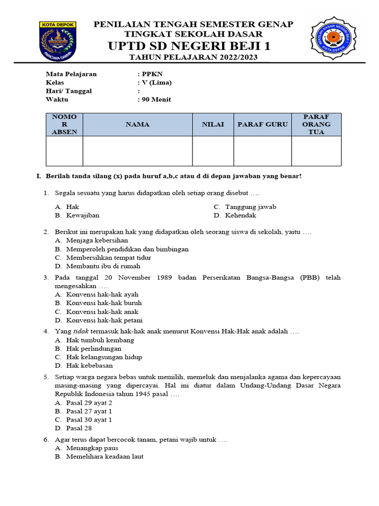 Soal PTS Genap PKN Kelas 5 | PDF