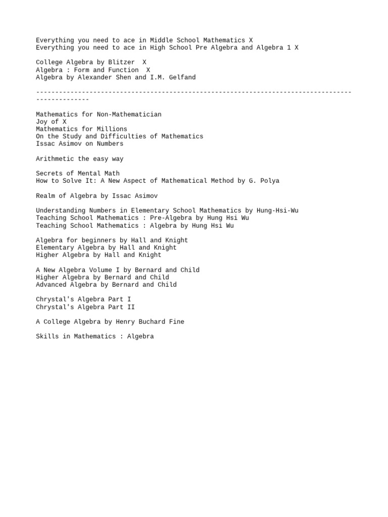 Comprehensive Algebra Book List | PDF | Teaching Methods & Materials