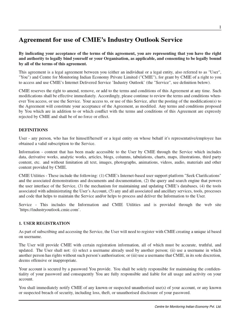 Industryoutlook Cmie Com Agreement | PDF | Copyright | Legal Liability