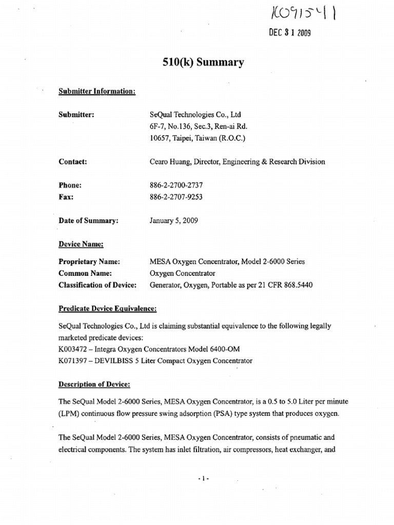 510 (K) Summary: Submitter Information | PDF | Federal Food | Medicine