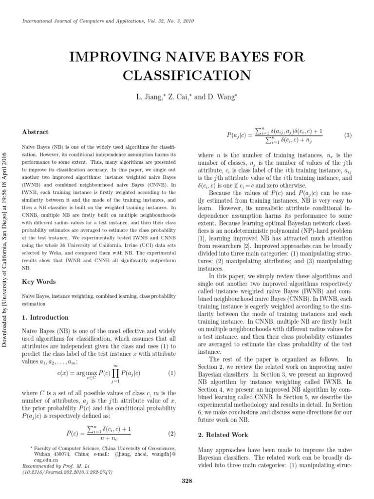 Improving Naive Bayes For Classification: L. Jiang, Z. Cai, and D. Wang ...