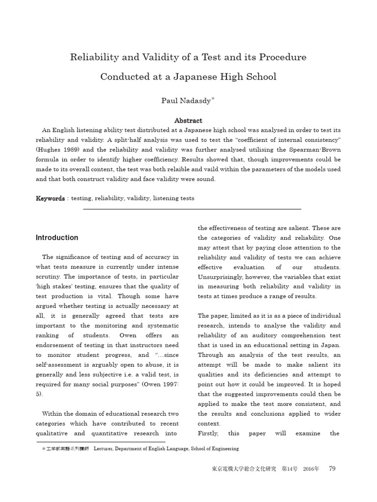 Reliability and Validity of A Test and Its Procedure Conducted at A ...