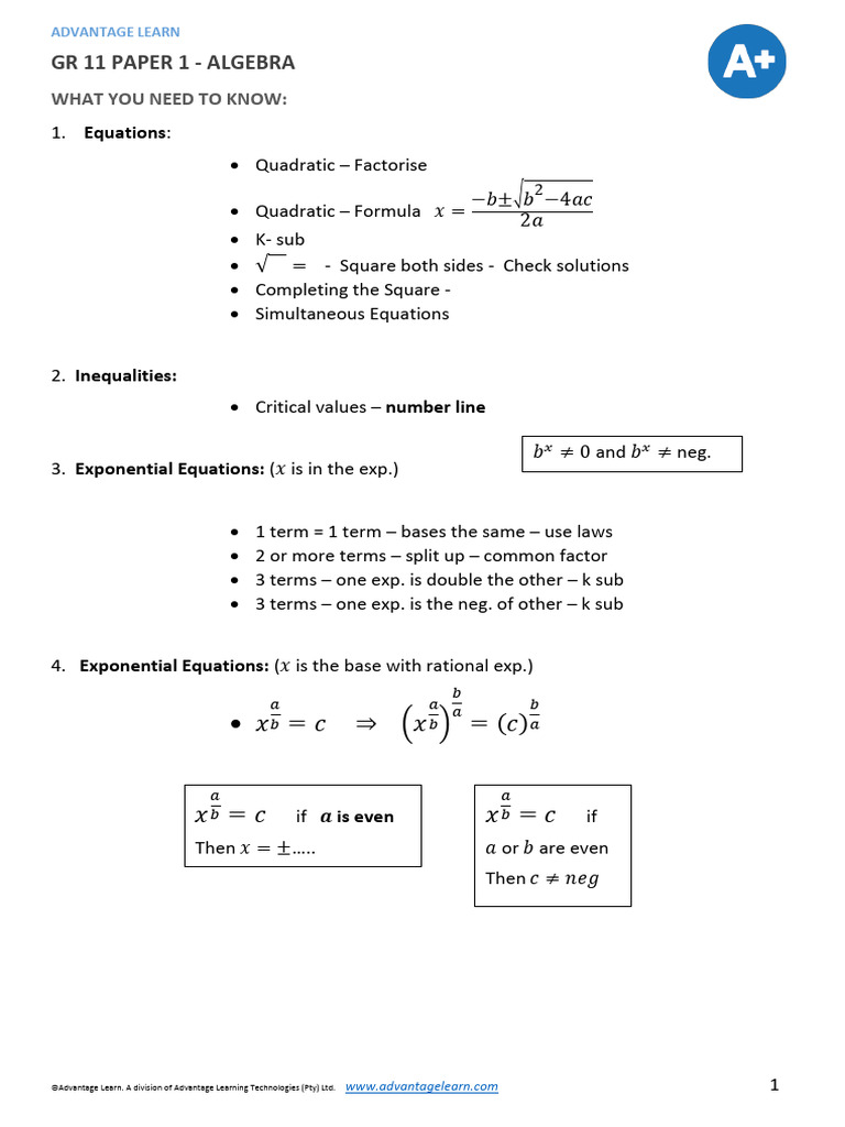 Mathematics Grade 11 Revision and Final Exam Prep Paper 1 What You Need ...