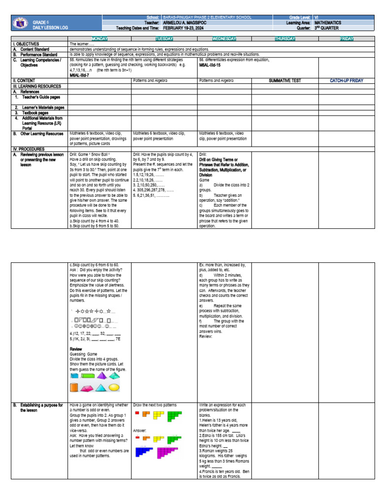 DLL - Math 6 - Q3 - W3 | PDF | Equations | Learning