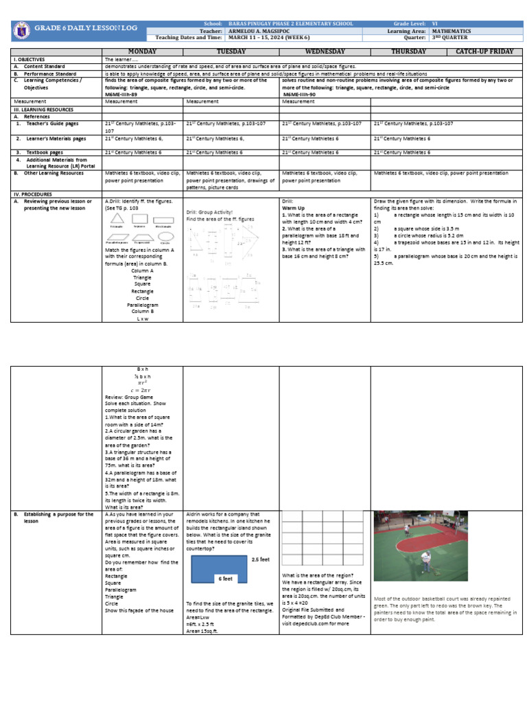 DLL - Math 6 - Q3 - W6 | PDF | Area | Triangle