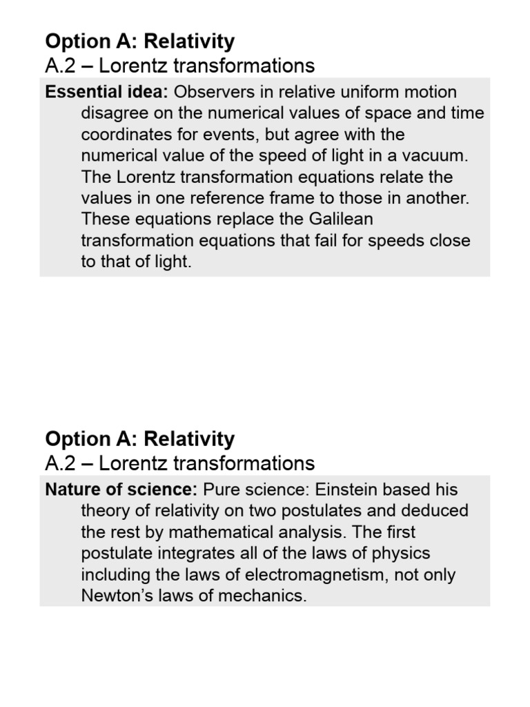 Option A.2 - Lorentz Transformations | PDF | Special Relativity | Spacetime