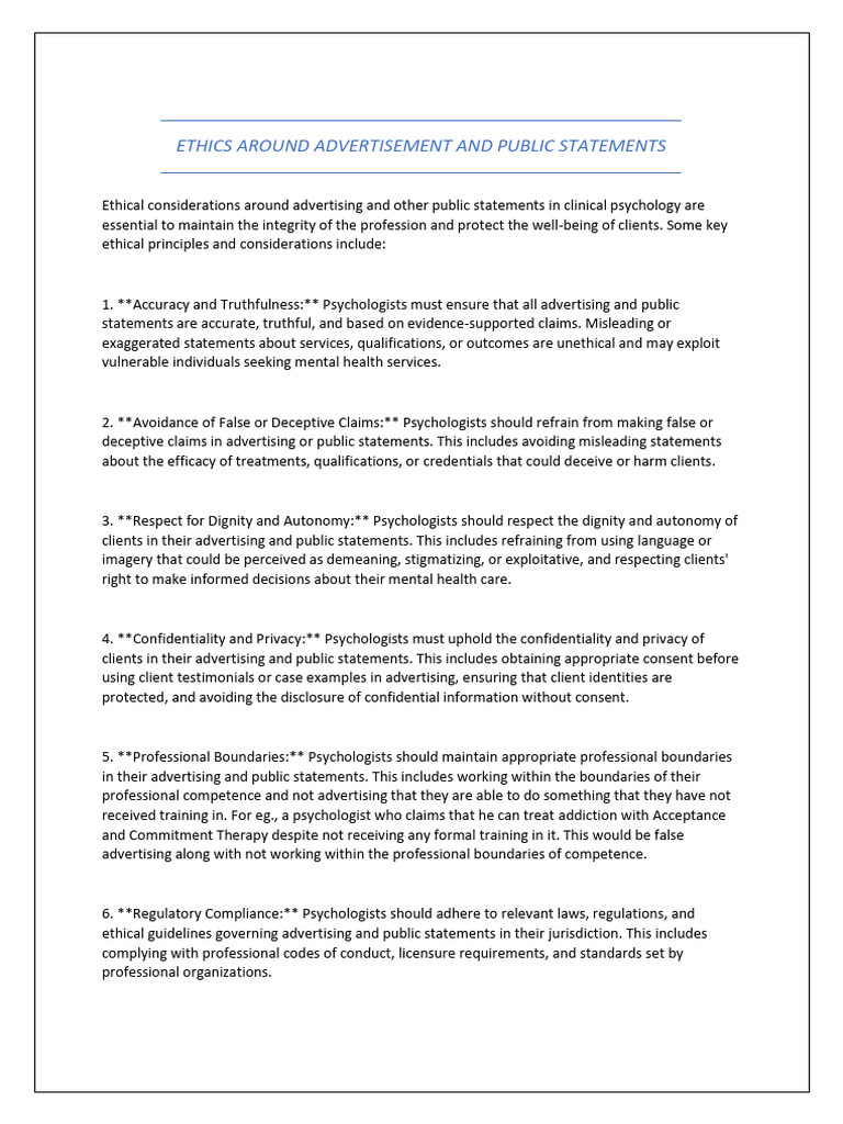 Ethics Around Advertisement and Public Statements | PDF | Psychologist ...
